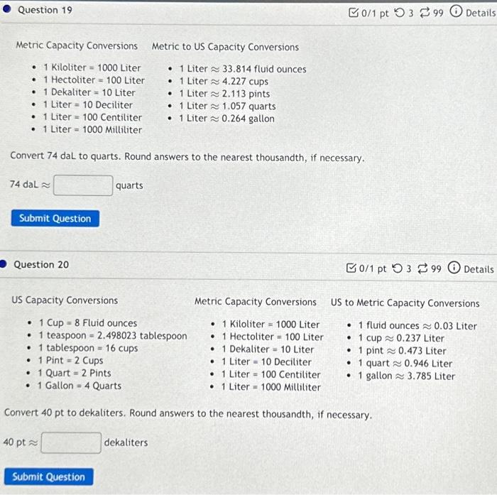 Solved Metric Capacity Conversions Metric to US Capacity | Chegg.com