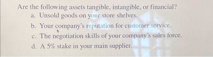 Solved Are the following assets tangible, intangible, or | Chegg.com