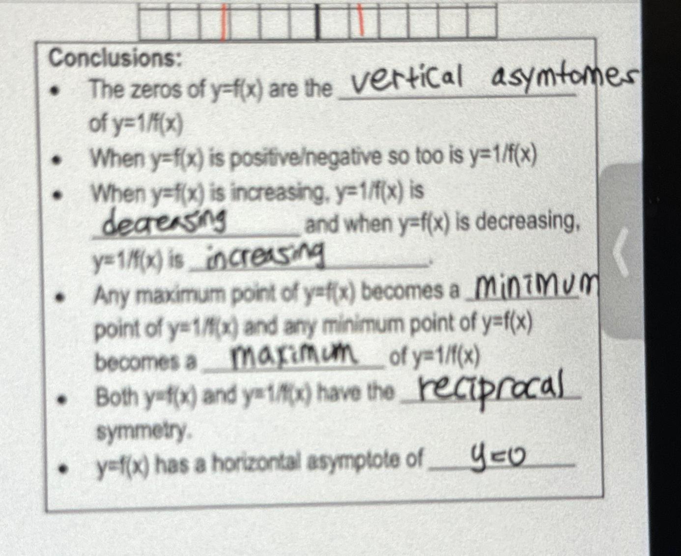 Solved Conclusions:The zeros of y=f(x) ﻿are the vertical | Chegg.com
