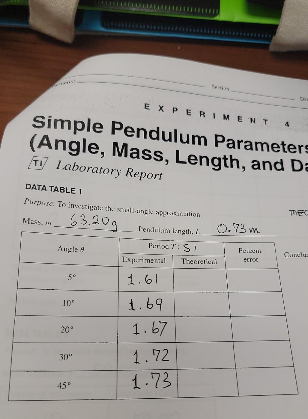 Solved cariners) Section Dar EXPERIMENT 4 Simple Pendulum | Chegg.com