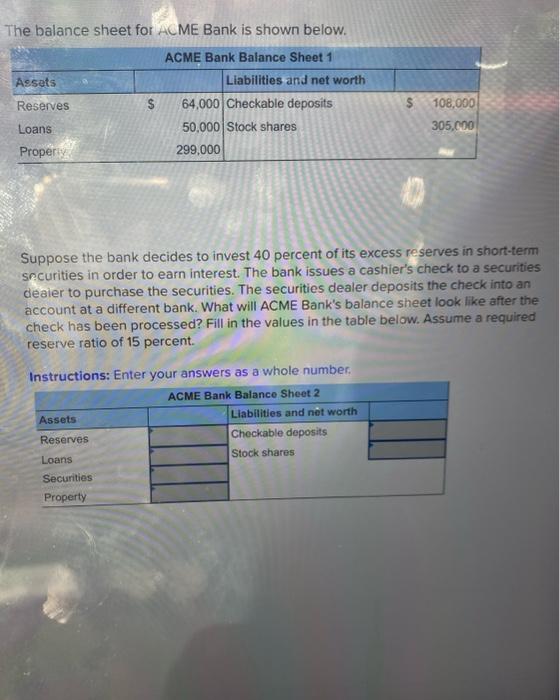 Solved The balance sheet for ACME Bank is shown below. | Chegg.com