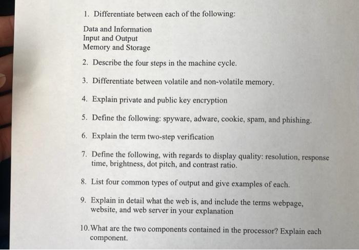 Solved 1. Differentiate between each of the following: Data | Chegg.com