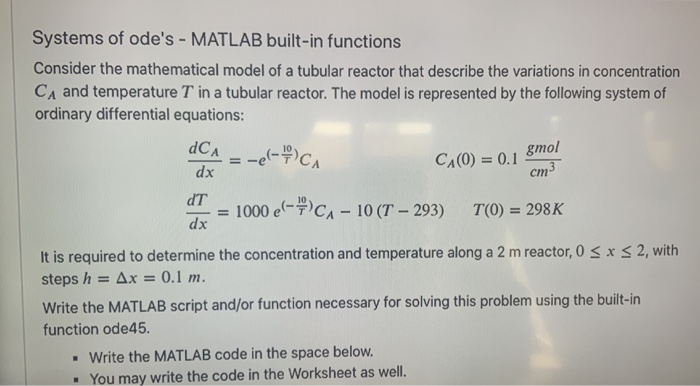Solved Systems of ode's - MATLAB built-in functions Consider | Chegg.com