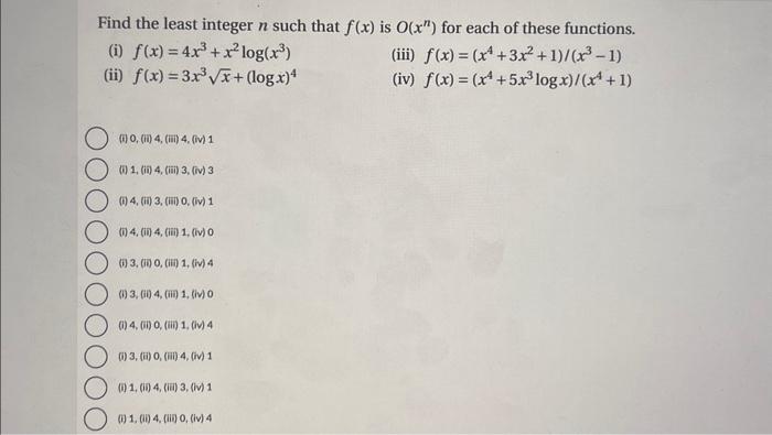 Solved Find the least integer n such that f(x) is O(xn) for | Chegg.com