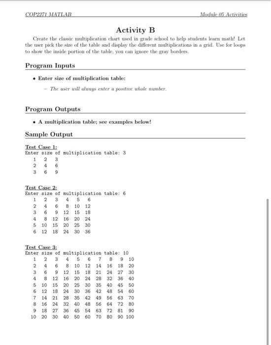 Solved Cop2271 Matlab Modulo 05 Activities Activity B Create 