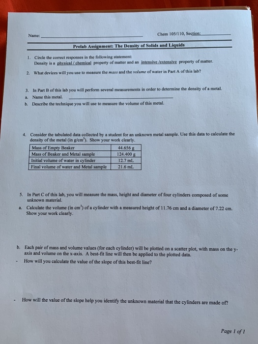 Name: Chem 105/110, Section Prelab Assignment: The | Chegg.com