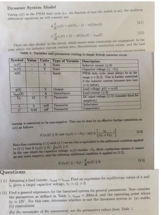 Solved Dynamic System Model Tuking u(t) as the PWM duty | Chegg.com