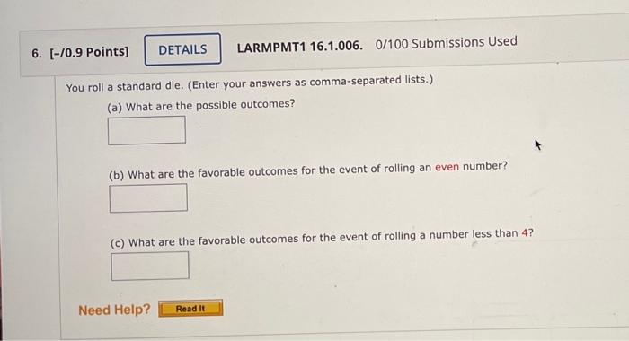 Solved ou roll a standard die. (Enter your answers as | Chegg.com