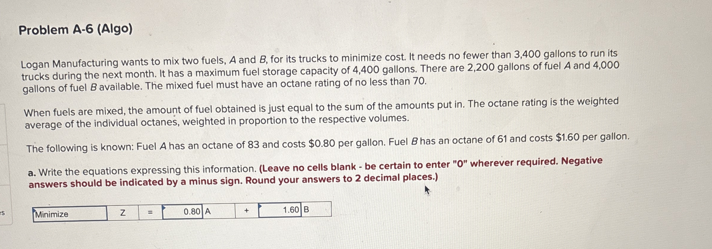 Solved Problem A-6 (Algo)Logan Manufacturing wants to mix | Chegg.com