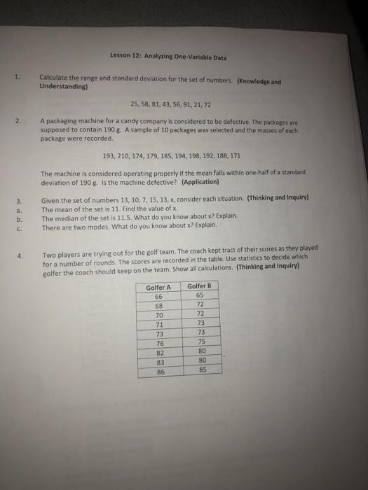Solved Lesson 12: Analyzing One-Variable Data 1. Calculate | Chegg.com