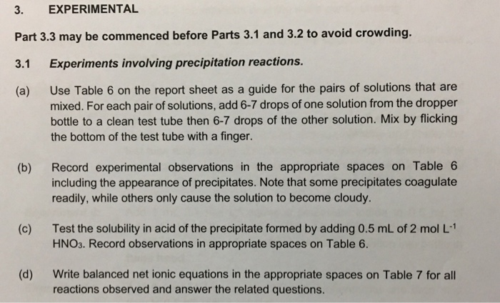 Solved 4.1 Experiments involving precipitation reactions: | Chegg.com
