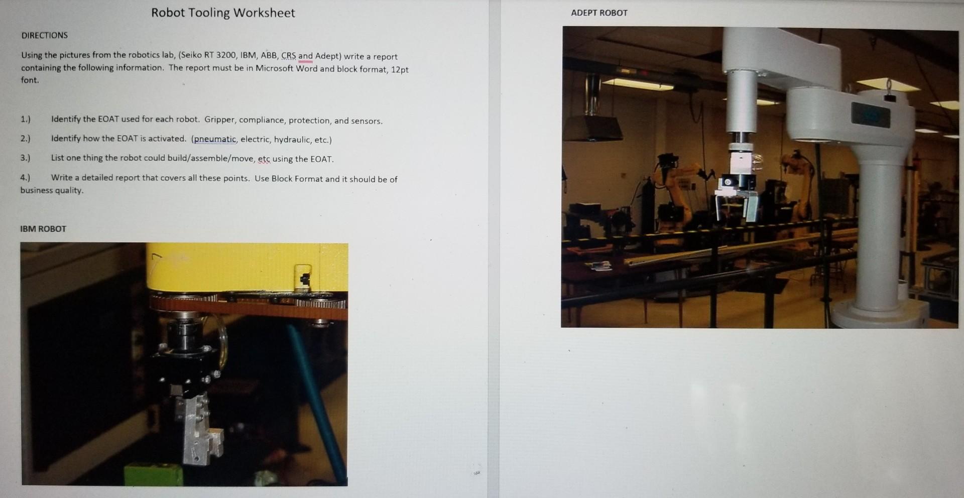 Solved Robot Tooling Worksheet ADEPT ROBOT DIRECTIONS Using | Chegg.com