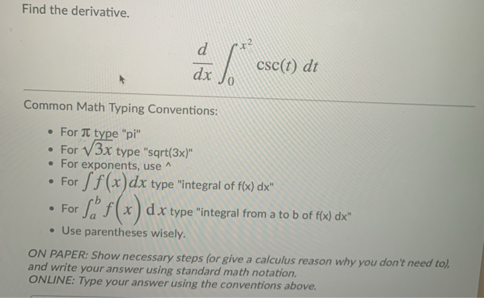 Solved Find the derivative. csc(t) dt dx / Common Math | Chegg.com