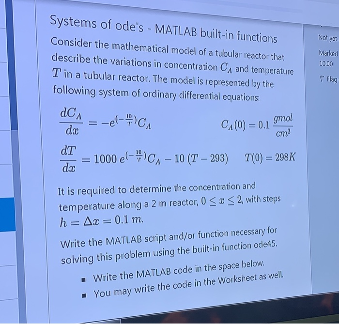 Solved Not yet Marked 10.00 P Flag Systems of ode's - MATLAB | Chegg.com