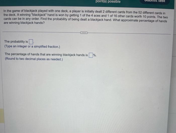 Solved In the game of blackjack played with one deck, a | Chegg.com