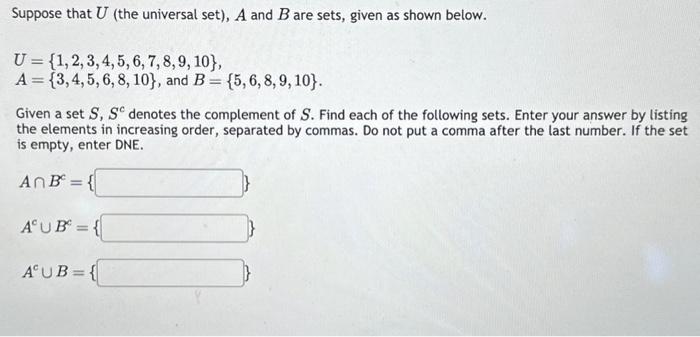 Solved Suppose that U (the universal set), A and B are sets, | Chegg.com