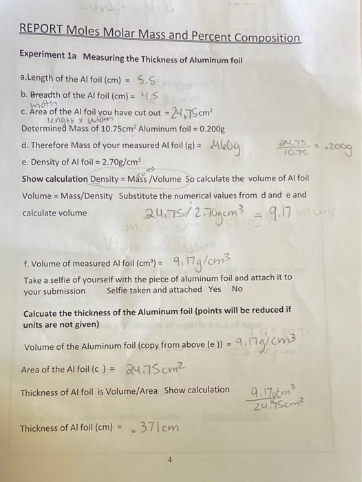 Solved REPORT Moles Molar Mass and Percent Composition | Chegg.com