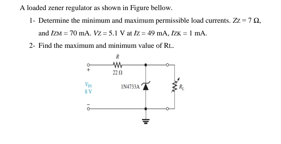 Solved A loaded zener regulator as shown in Figure bellow.1- | Chegg.com