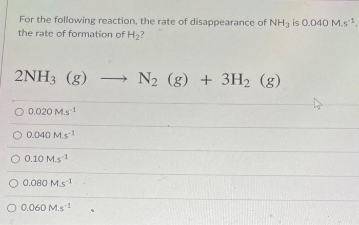 Solved For the following reaction, the rate of disappearance | Chegg.com