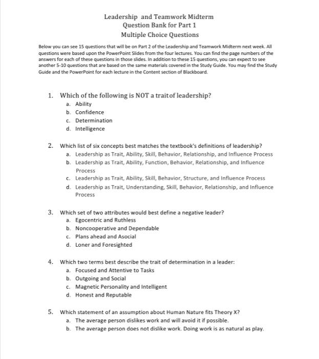 Leadership and Teamwork Midterm Question Bank for | Chegg.com