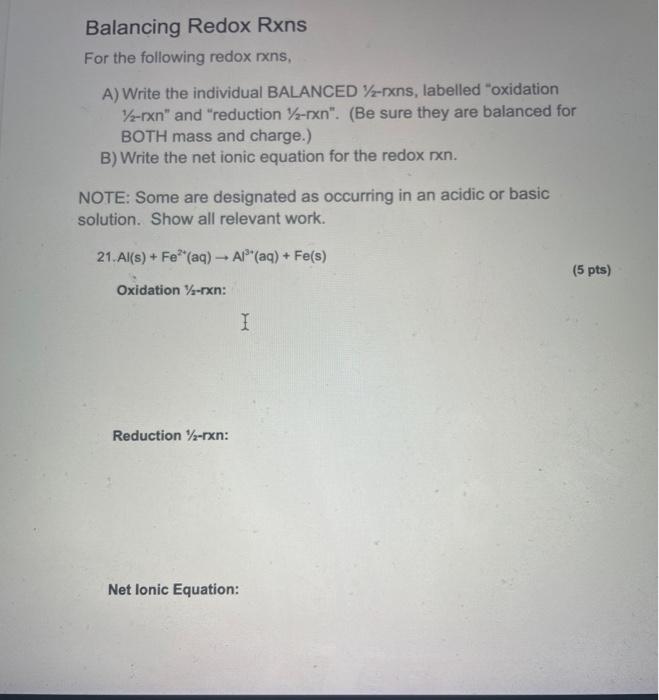 Solved Balancing Redox Rxns For the following redox rxns, A) | Chegg.com