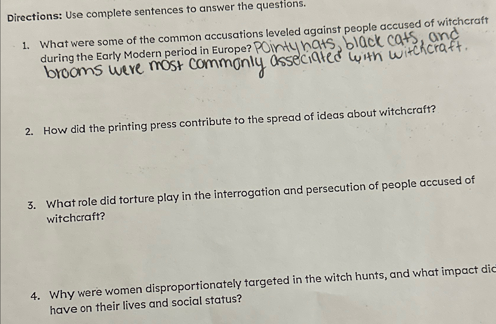 Solved Directions: Use complete sentences to answer the | Chegg.com