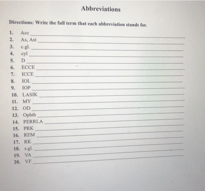 Solved Abbreviations Directions: Write the full term that | Chegg.com