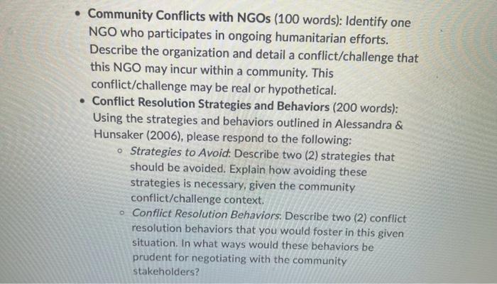 Solved - Community Conflicts with NGOs ( 100 words): | Chegg.com