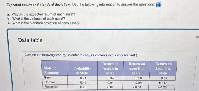 Solved Expected return and standard deviation. Use the | Chegg.com