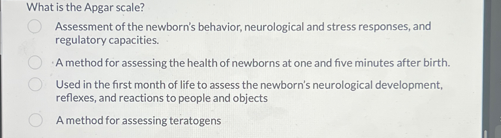 Solved What is the Apgar scale?Assessment of the newborn's | Chegg.com