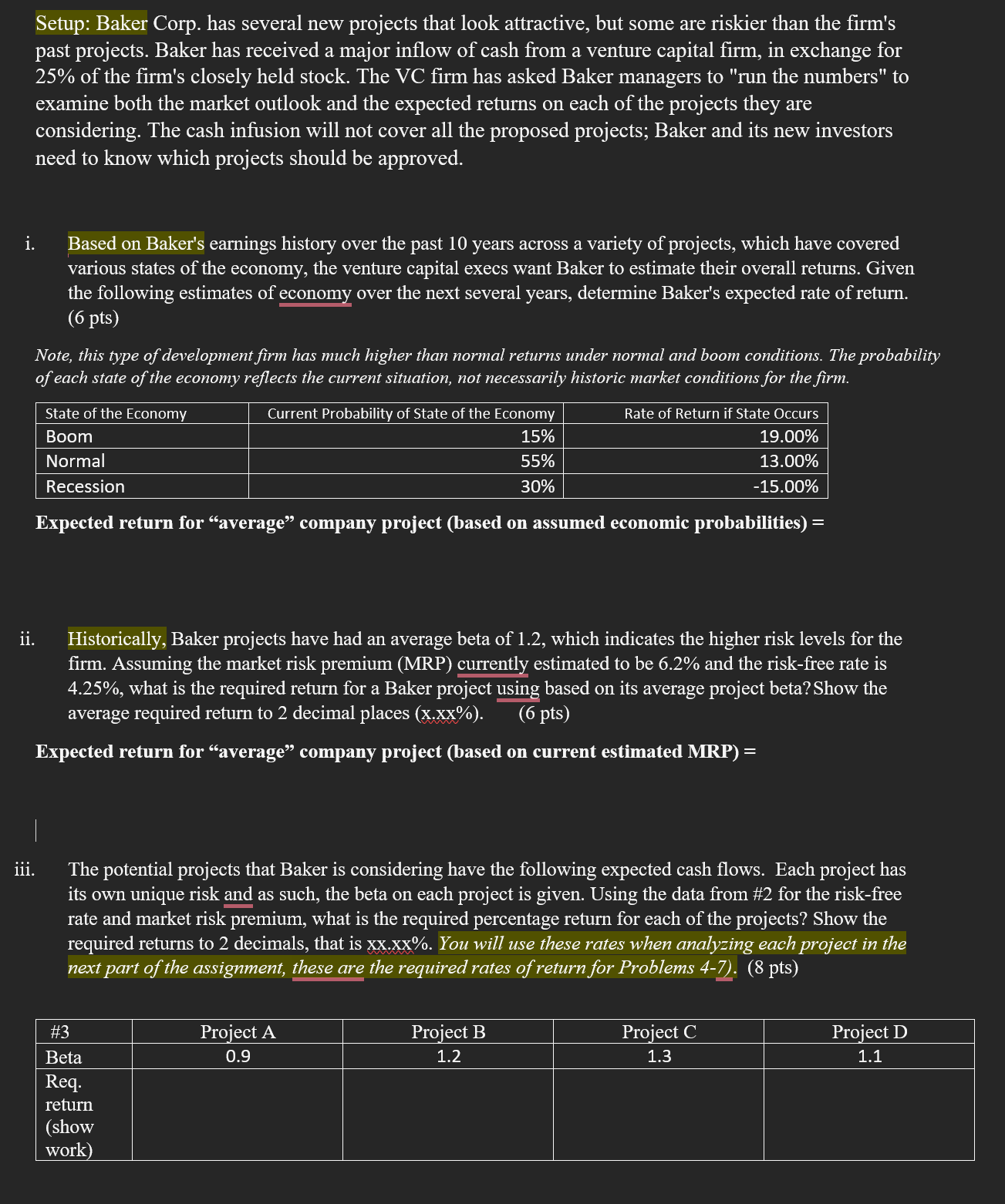 Solved Setup: Baker Corp. has several new projects that look | Chegg.com