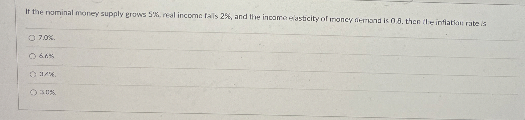 Solved If the nominal money supply grows 5%, ﻿real income | Chegg.com