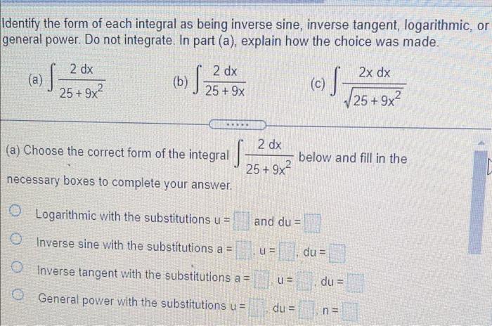 Solved Identify the form of each integral as being inverse | Chegg.com