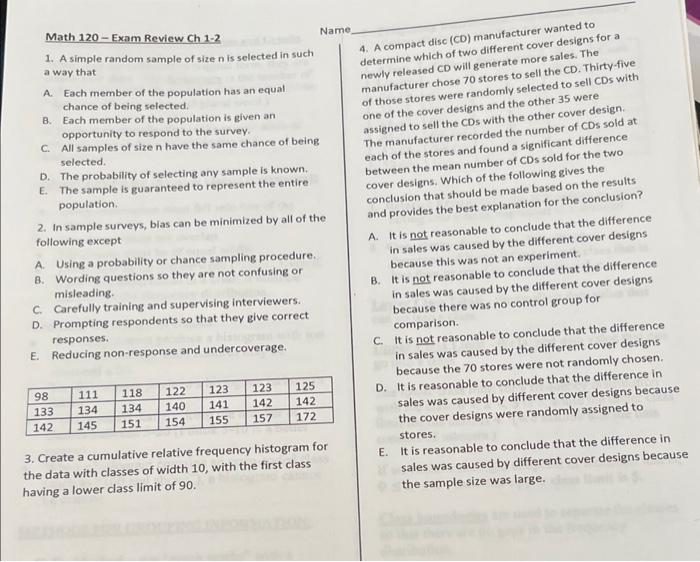 Solved Math 120-Exam Review Ch 1-2 1. A simple random sample | Chegg.com