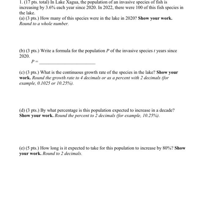 Solved 1. (17 pts. total) In Lake Xagua, the population of | Chegg.com