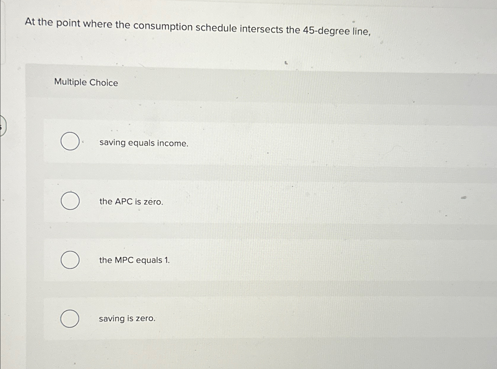 Solved At the point where the consumption schedule | Chegg.com