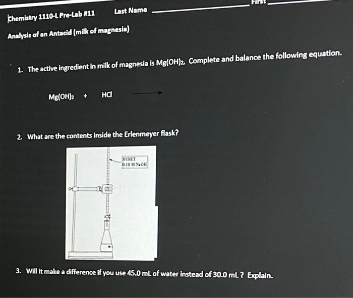 Solved Chemistry 1110-L Pre-Lab #11 Last Name Analysis of an | Chegg.com