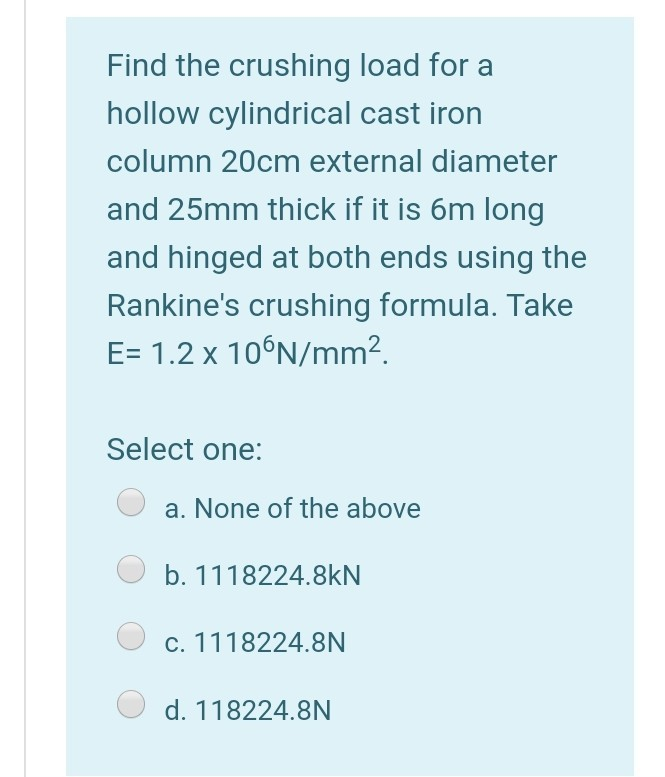 Solved Find the crushing load for a hollow cylindrical cast | Chegg.com