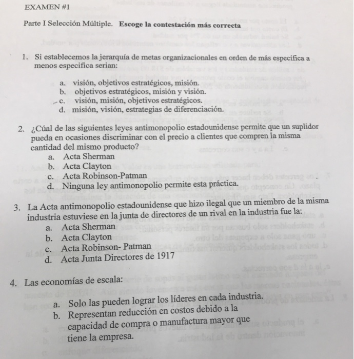 EXAMEN #1 Parte I Selección Múltiple. Escoge la | Chegg.com