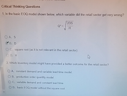 Solved Critical Thinking QuestionsIn the basic EOQ model | Chegg.com