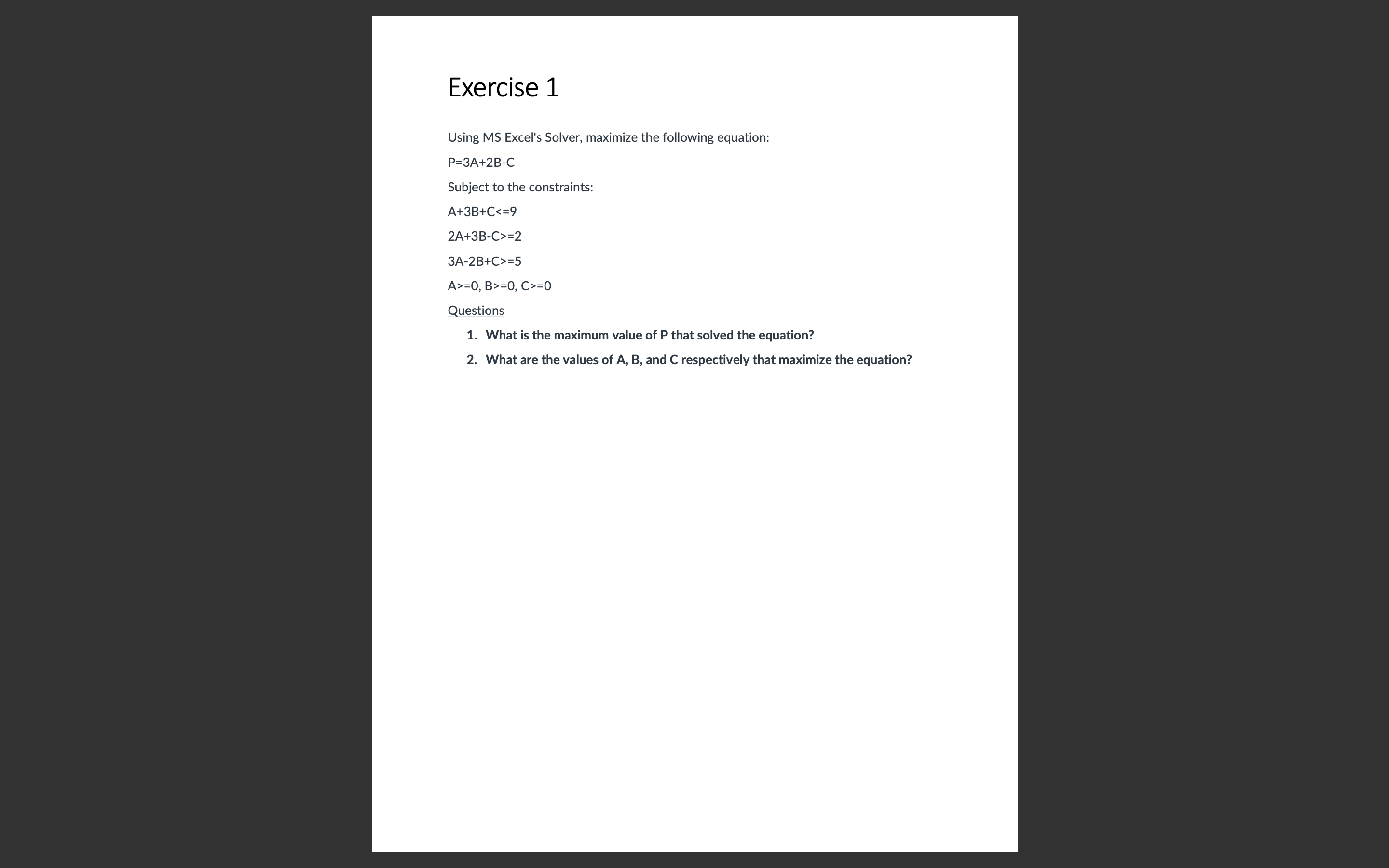 Solved Exercise 1Using MS Excel's Solver, maximize the | Chegg.com
