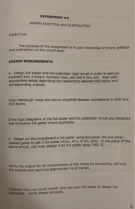 Solved EXPERIMENT #4 BINARY ADDITION AND SUBTRACTION | Chegg.com