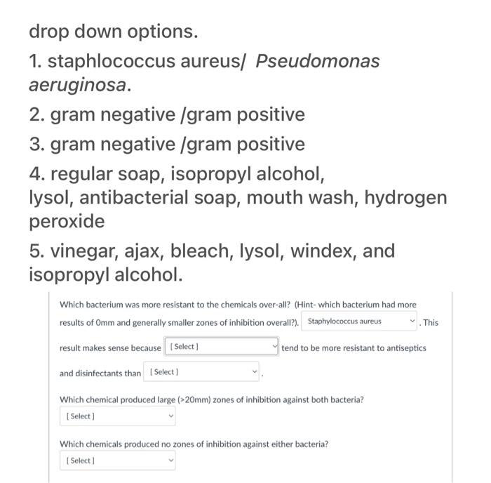 Solved drop down options. 1. staphlococcus | Chegg.com