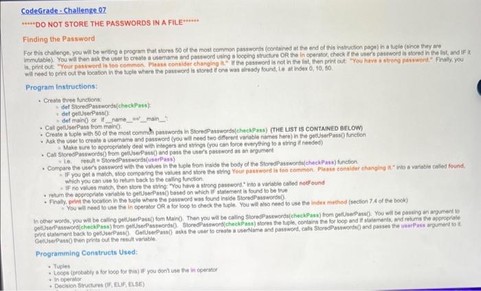 Solved ****DO NOT STORETHE PASSWORDS IN A FILE* Finding the | Chegg.com