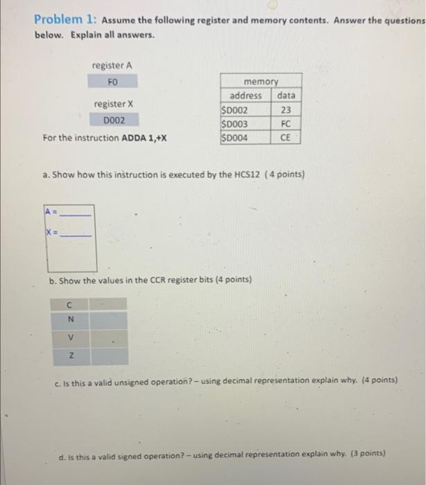 Solved Problem 1: Assume the following register and memory | Chegg.com