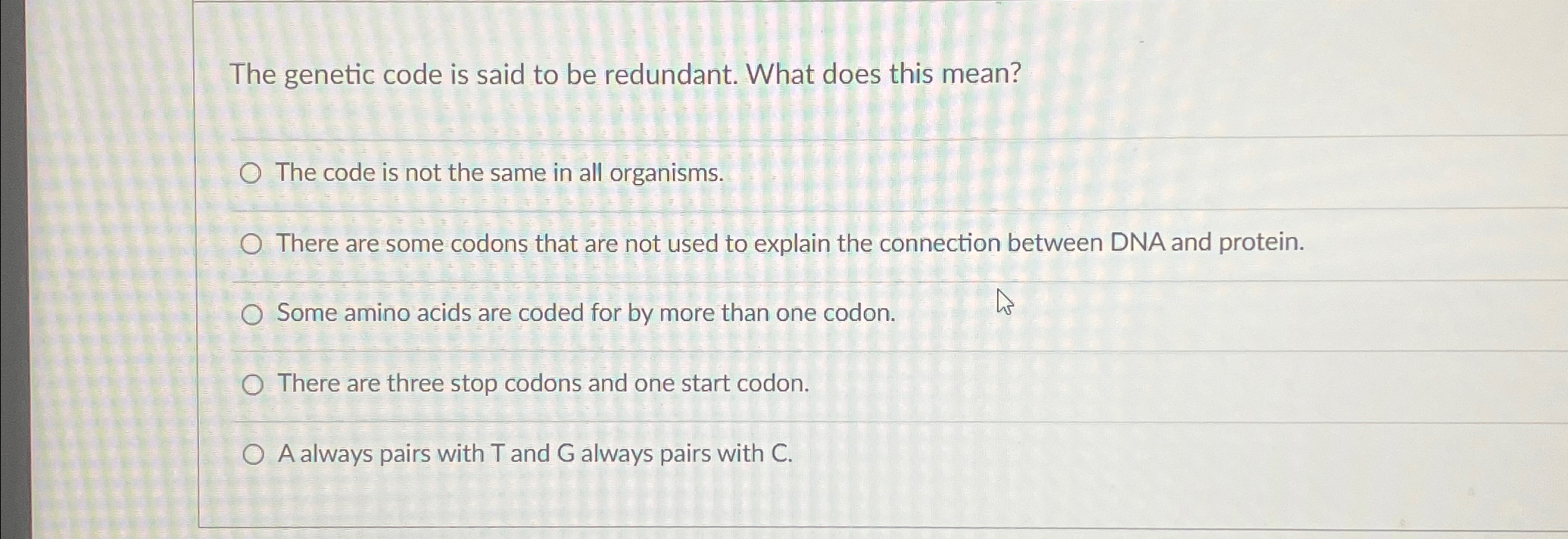 Solved The genetic code is said to be redundant. What does | Chegg.com