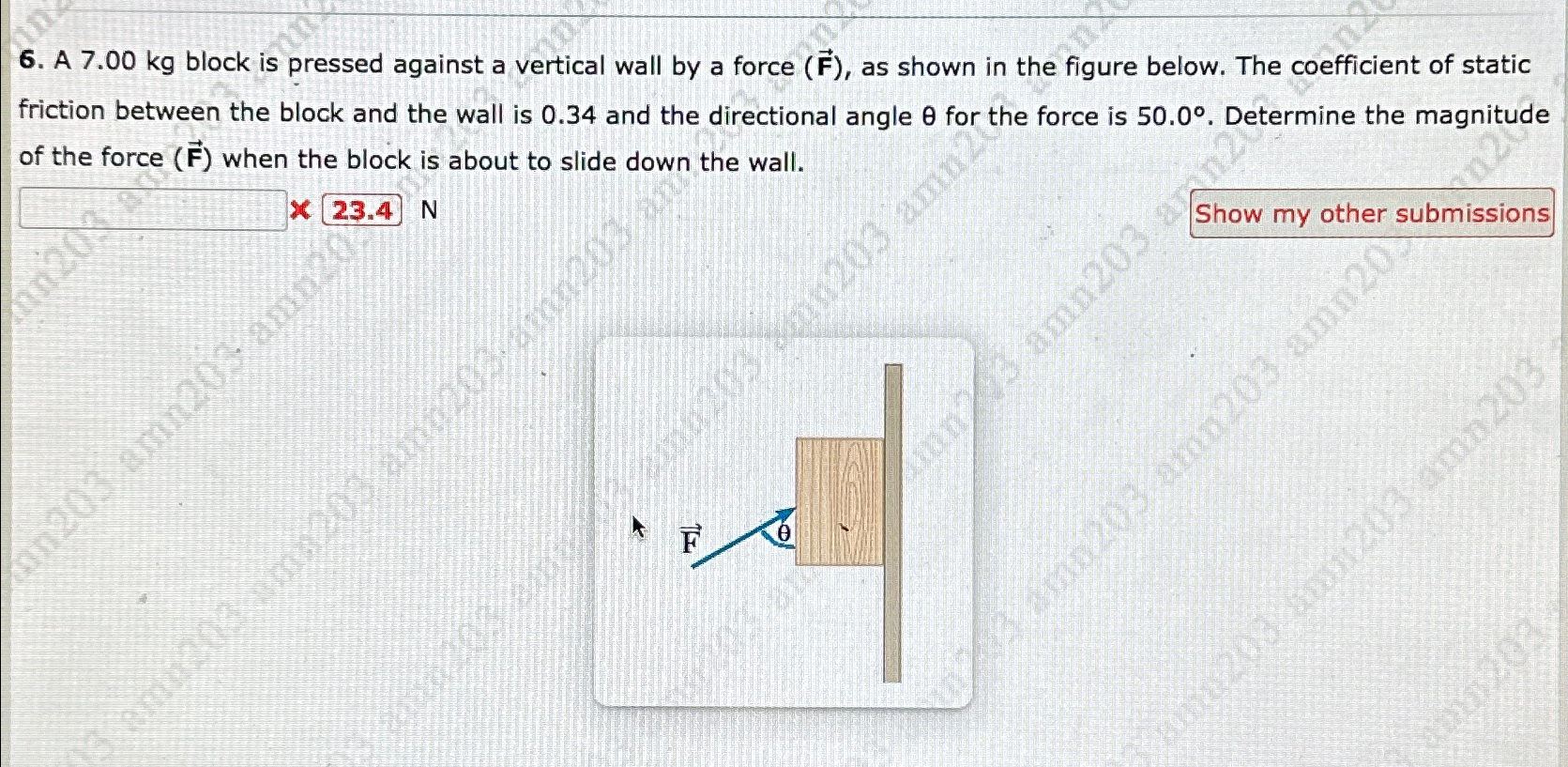 Solved A 7.00kg ﻿block is pressed against a vertical wall by | Chegg.com