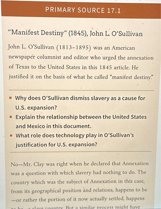"Manifest Destiny" (1845), John L. O'Sullivan John L. | Chegg.com