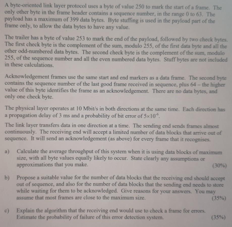 A byte-oriented link layer protocol uses a byte of | Chegg.com