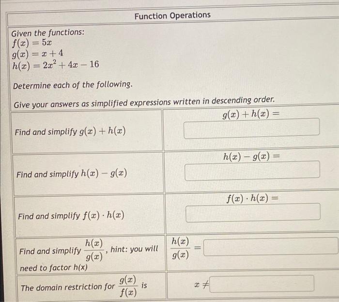 Solved Given the functions: f(x)=5xg(x)=x+4h(x)=2x2+4x−16 | Chegg.com